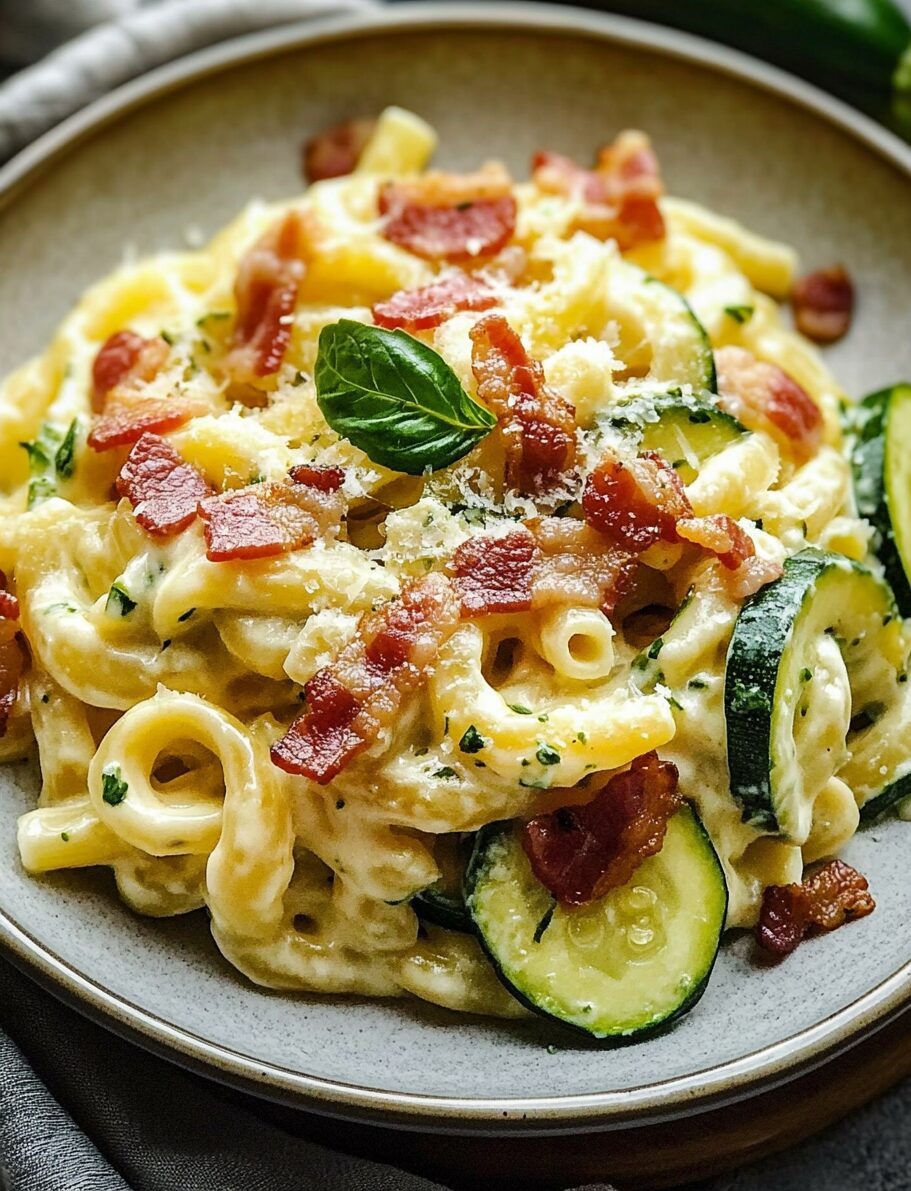 Creamy Courgette Bacon Pasta - Sophia Recipes