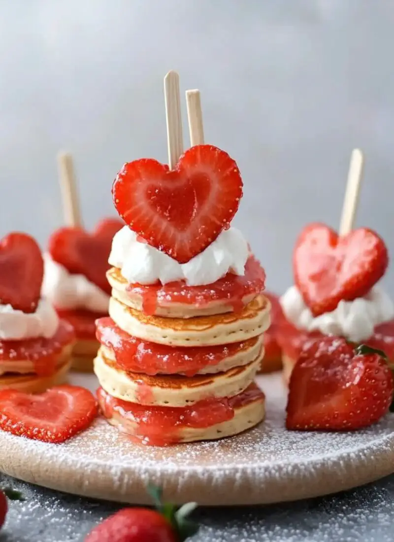 Strawberry Heart-Topped Mini Pancake Stacks - Sophia Recipes