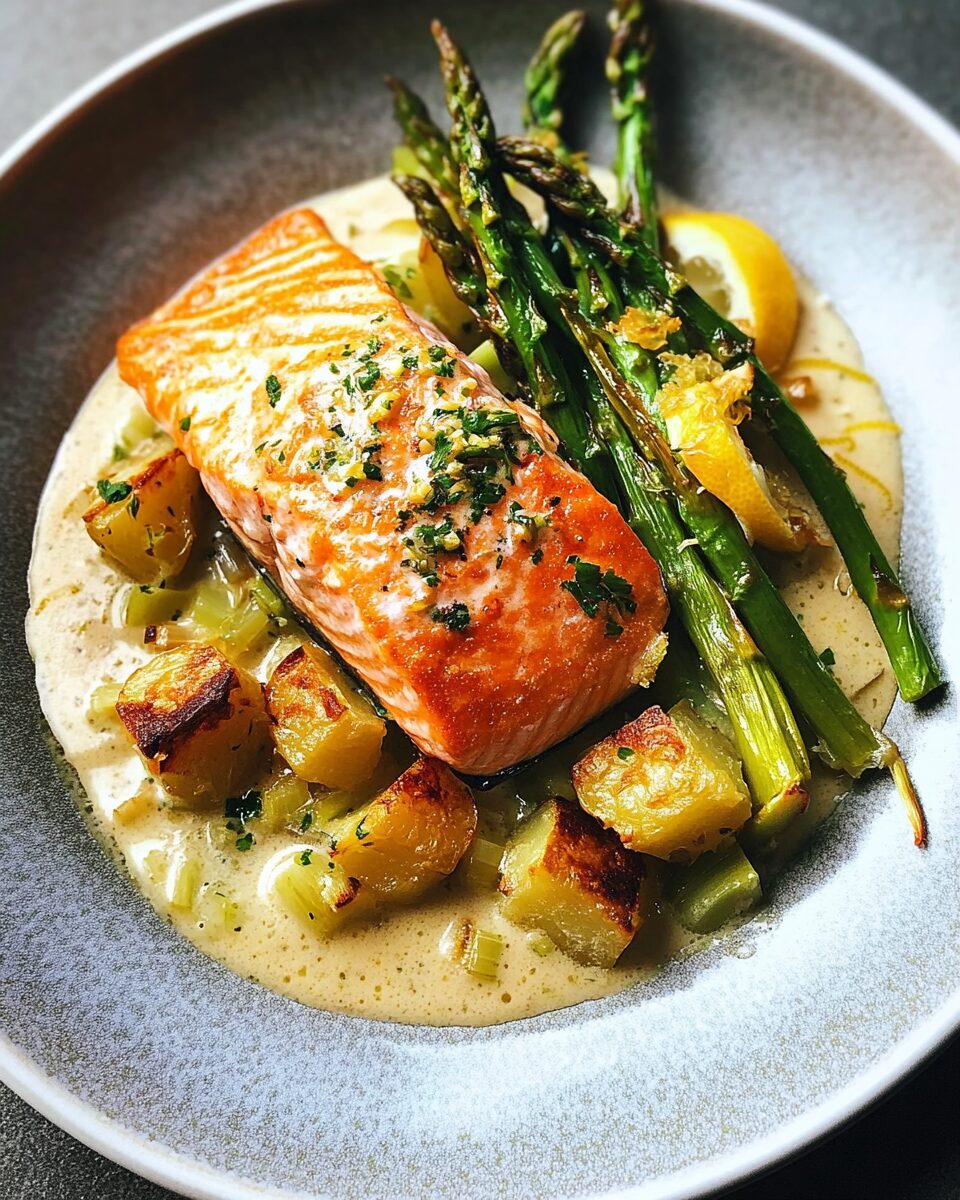 Spring Salmon with Creamed Leeks, Potatoes, and Asparagus - Sophia Recipes