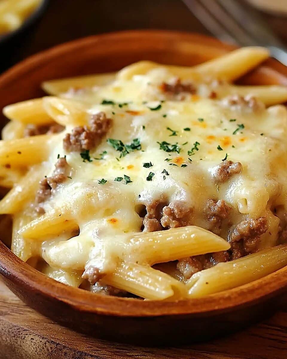 Cheesy Penne with Garlic Butter Ground Beef - Sophia Recipes