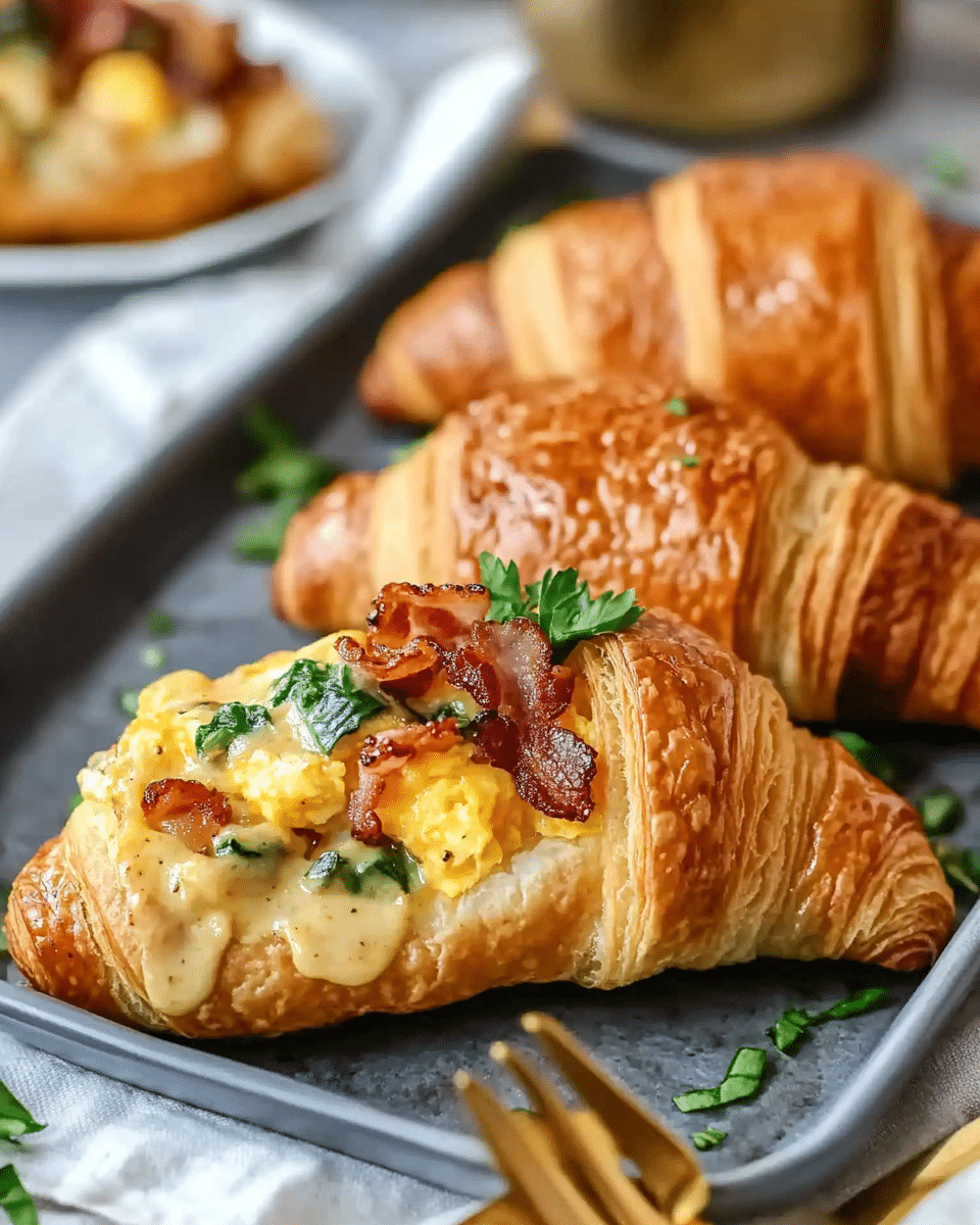 Bacon and Egg Croissant Boats with Cheddar Chive Gravy - Sophia Recipes